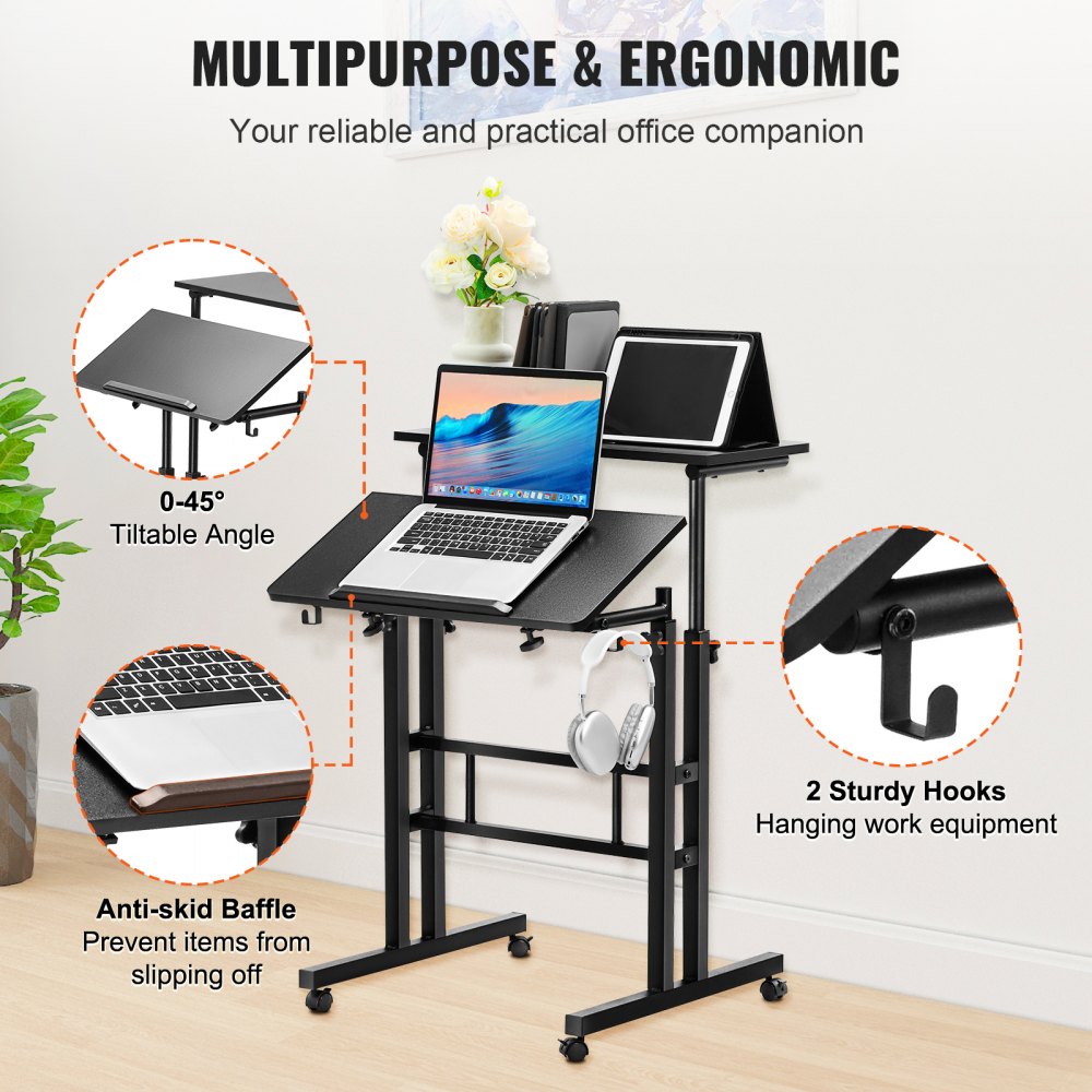 GT-JS-0001 - Adjustable 2-Tier Mobile Standing Desk with 360° Wheels ...